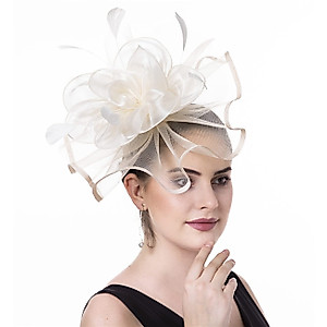Fascinator Women's Organza Church Kentucky Derby British Bridal Tea Party Wedding Hat Summer Ruffle Hat, Medium(HJ2-Beige Flower)