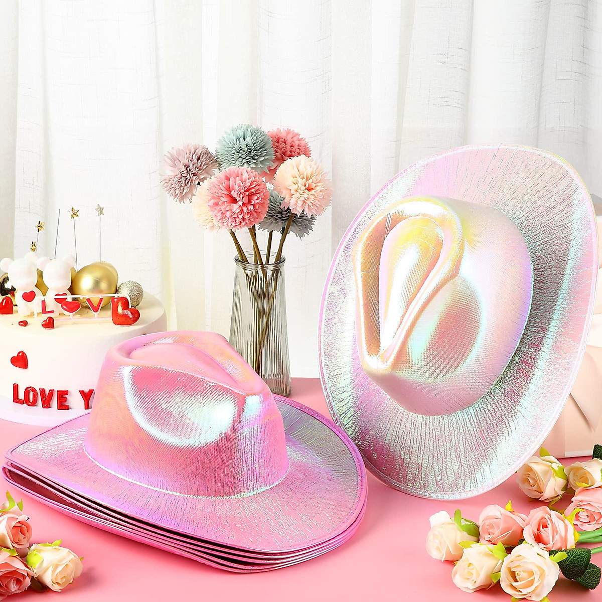 6 Pieces Glitter Cowgirl Hats Women Bride Hat Holographic Cowboy Hat Space Hats for Wedding Birthday Bachelorette Parties Favors (Beige and Pink)