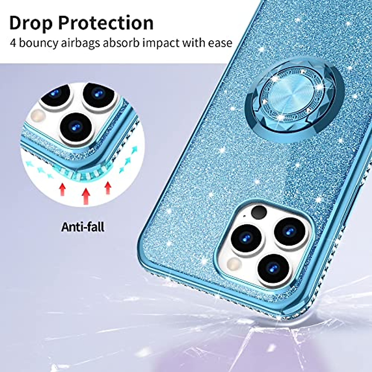 OCYCLONE iPhone 13 Pro Max 6.7" Glitter Case - Sparkle Diamond Cover with Ring Stand for Women & Girls - Blue
