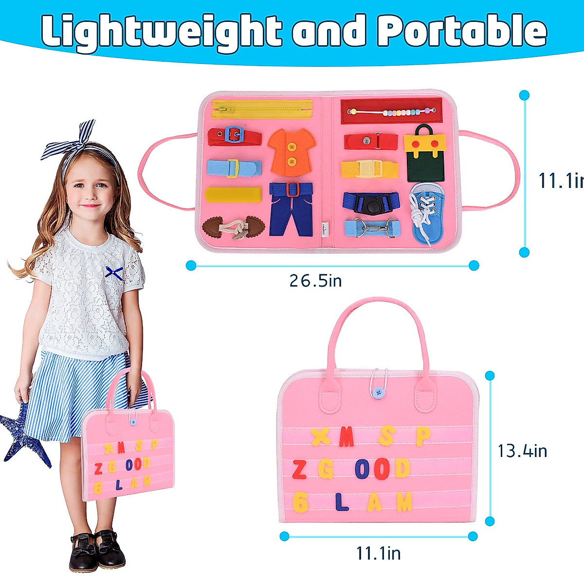 CNHBSS Busy Board, Montessori Toddler Toys, Felt Sensory Board, Gifts for 1 2 3 4 Boys and Girls, Learning Fine Motor Skills Cognitive Letters and Numbers, Toddler Activities Travel Toys(Pink)