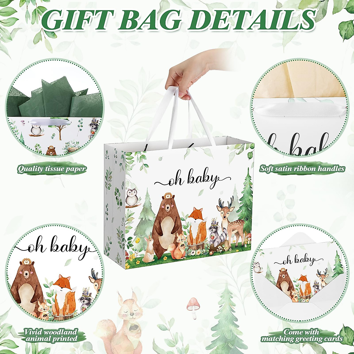 Buryeah 2 Pack 13" Large Baby Gift Bags with Tissue Paper Greeting Cards, Woodland Animal Paper Gift Wrap Bag with Handles and Envelopes for Baby Shower Kids Birthday Party