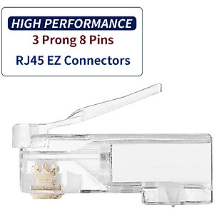 Quilence CAT6 Connectors RJ45 Pass Through Connectors 50pcs 3 Prong Ethernet Gold Plated Network Ends Plug Cable Connectors for 24AWG CAT6 CAT5E Cable