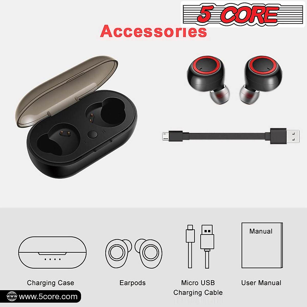 5 CORE Wireless Ear Buds • Mini Bluetooth 5.0 Noise Cancelling Earbud Headphones w Stereo Sound IPX8 Waterproof for Sports Workout EP01