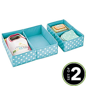 mDesign Fabric 2-Piece Drawer Organizer Bins, Kids/Baby Nursery Dresser, Closet, Shelf, Playroom Organization, Hold Clothes, Toys, Diapers, Bibs, Blankets, Turquoise Blue/White Polka Dot