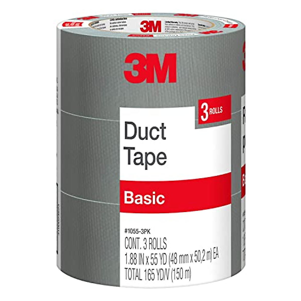 3M Basic Duct Tape, Silver Duct Tape for Temporary Repairs, 3M Duct Tape for Indoor Use, 1.88 Inches x 55 Yards, 3 Rolls