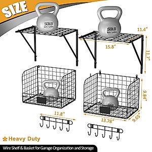 ThreeHio 2 Pack Garage Shelves Wall Mounted with Wire baskets, Heavy Duty Garage Wall Shelving with Hooks, Wire Shelf Baskets Tool Organizer for Home Garden Garage Organization and Storage