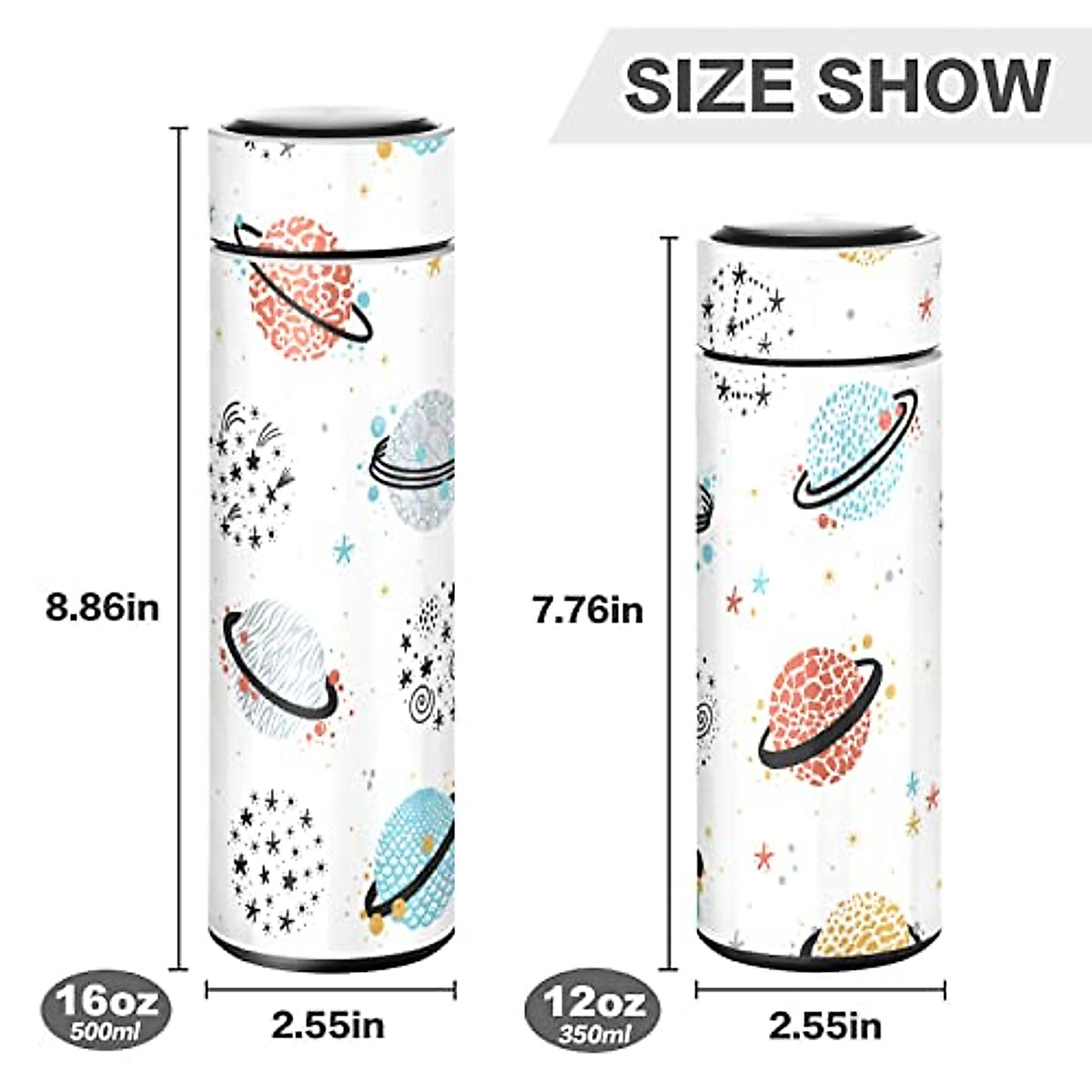 CaTaKu Cartoon Space Planet Star Water Bottle Insulated 16 oz Stainless Steel Flask Thermos Bottle for Coffee Water Drink Reusable Wide Mouth Vacuum Travel Mug Cup