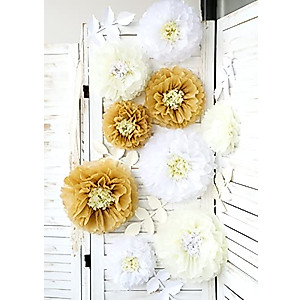 Fonder Mols Tissue Paper Chrysanth Flowers Paper Leaves DIY Crafting for Rustic Wedding Backdrop Baby Shower Nursery Decorations (Set of 15, Khaki Ivory White)