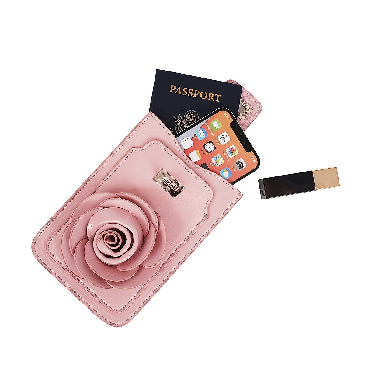 Mellow World Rosa 3D Floral Cell Phone Small Cross Body Shoulder Bag Vegan Leather Women Purse Touch Screen Removable Strap, Cream