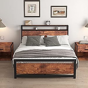 Osfvolr Full Size Bed Frame, Industrial Metal Platform Bed Frame with 2 Tier Storage Wooden Headboard and Footboard, Large Under Bed Storage, No Box Spring Needed, Easy Assembly, Vintage Brown
