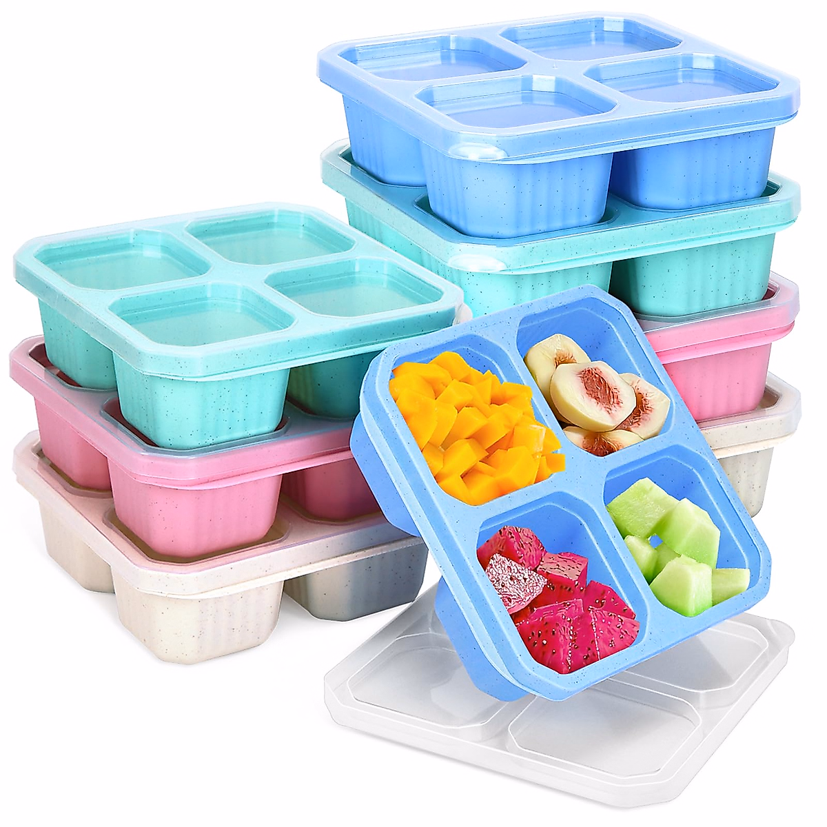 TKOnline Set of 8 Bento Snack Boxes, Meal Prep Container, 4 Compartments Leakproof Food Prep Containers for School, Work and Picnic