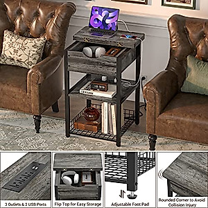 Cyclysio Nightstand Set of 2 with Charging Station, End Table Side Table with USB Ports and Outlets, Flip Top Night Stands with Shelves, Slim Bedside Sofa Table for Living Room, Bedroom, Gray Oak