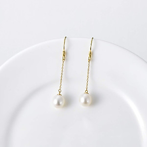 14K Real Gold Drop Pearl Earrings for Women, Yellow Gold 7mm Freshwater Cultured Pearls Threader Dangle Earrings Anniversary Jewelry Gifts for Her, Wife, Mom, Sister