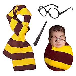 M&G House Newborn Photography Props Magic Novelty Scarf Wizard Glasses Crochet Wand Halloween Baby Photoshoot Props Scarf Eyeglass Baby Photo Props Halloween Cosplay Scarf Party Costume Supplies