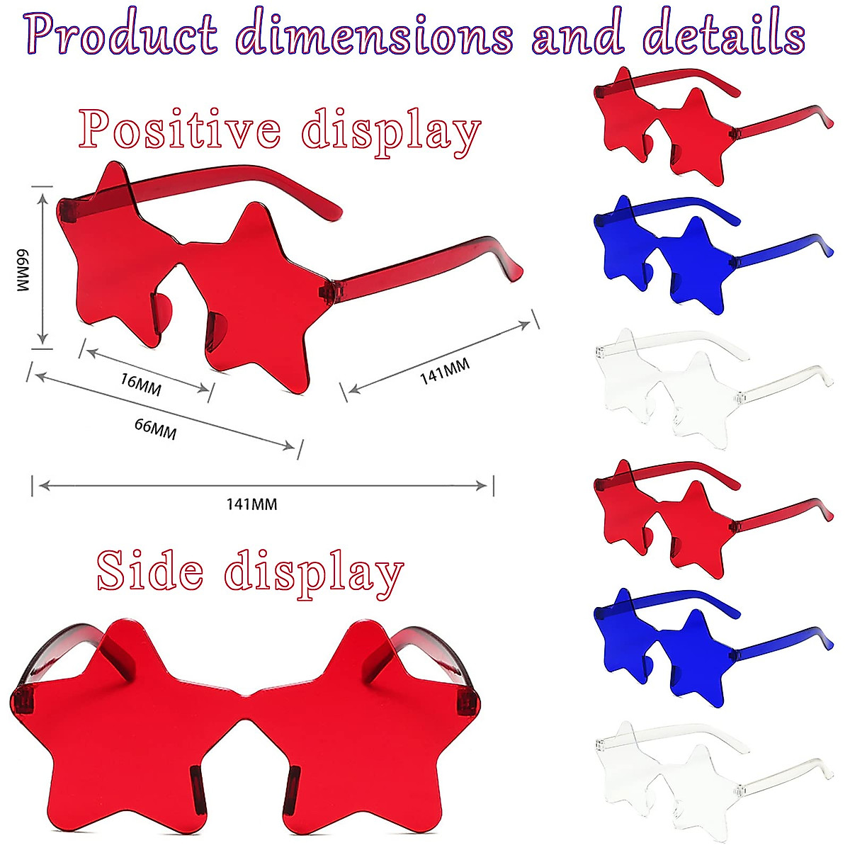 QXBXYHM 6 Pcs Independence Day Star Shaped Rimless Sunglasses Transparent Pentagram Glasses 4th of July Red White Blue Disco Glasses