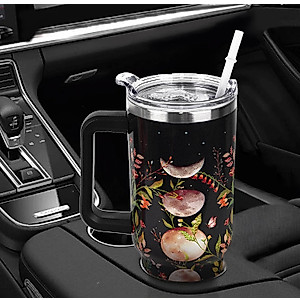 Rcvlauf 40 oz Tumbler with Handle and Straw Goth Tumbler Leak Proof Insulated Cup 40 oz Gothic Flower Moon Coffee Travel Mug Witchy Decor Stuff Goth Gifts for Women