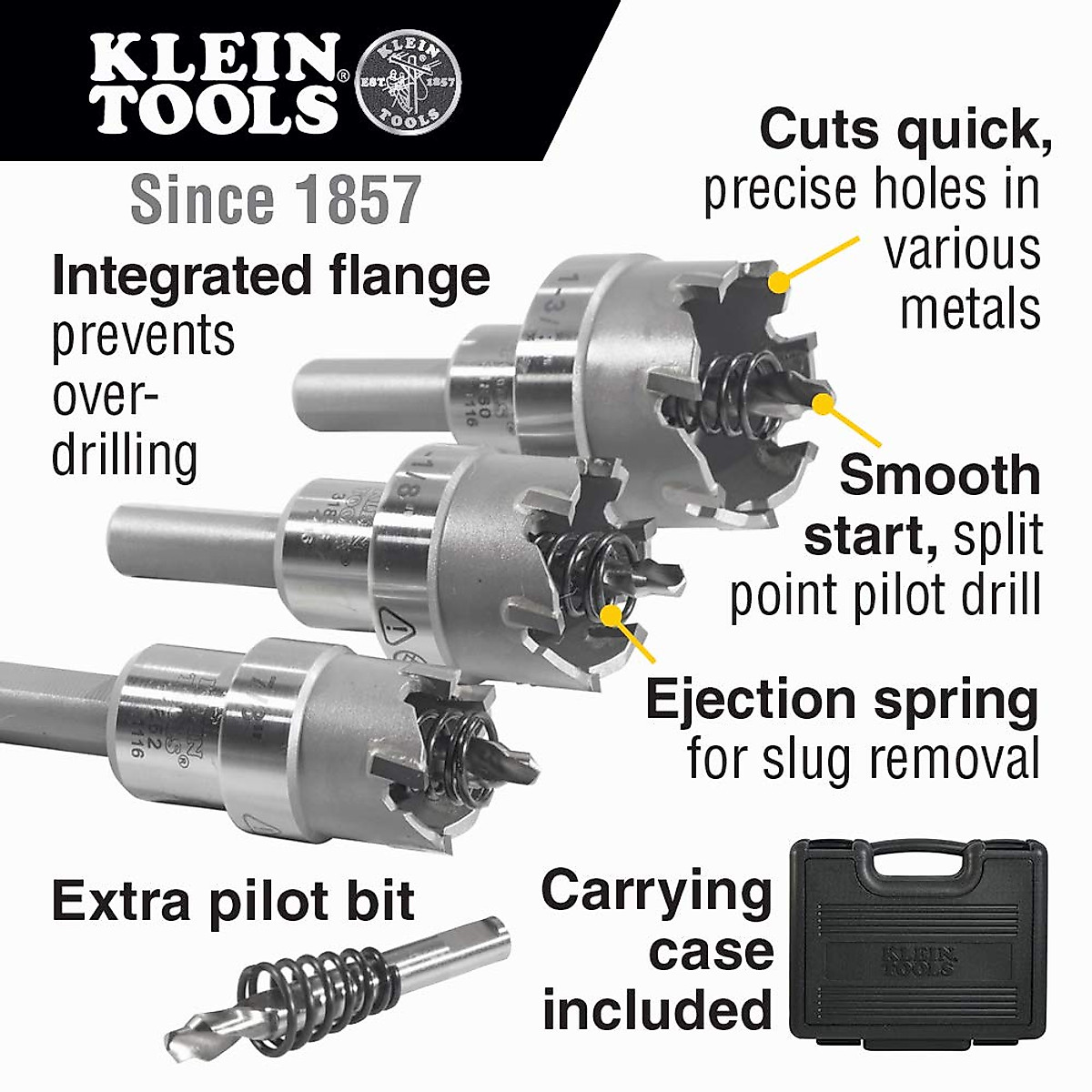 Klein Tools Hole Cutter Kit + Step Drill Bit | 4-Piece Carbide Hole Cutter Set with Pilot Bit and 3/8 in. Hex Shank Double Fluted Step Drill Bit