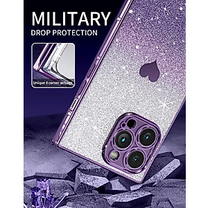 Tzomsze for iPhone 14 Pro Max Case Square [2 in 1] Clear &Glitter Cute Heart Pattern,Full Lens Protection & Electroplate Reinforced Corners Shockproof Edge Bumper Case [6.7 inches] -Purple