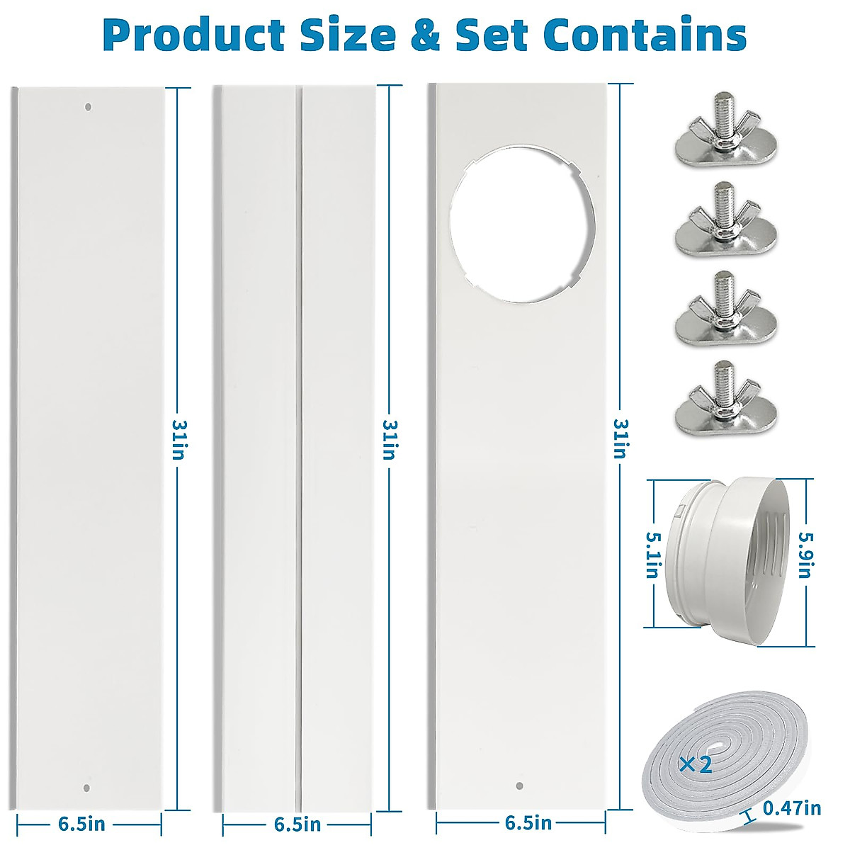 Fioral Sliding Door AC Vent Kit,Sliding Window Air Conditioner Vent Kit,For 5.1'' and 5.9'' Diameter Portable AC Exhaust Hose, Universal PVC Balcony Seal Kit Plates, Adjustable Max Length to 93 Inch