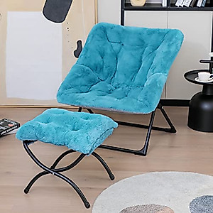 WELL-STRONG Folding Living Room Chair with Ottoman - Faux Fur Foldable Bedroom Chair and Foot Rest Set with Metal Frame Lounge Chair and Foot Stool Set for Men, Women Blue