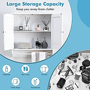 Giantex Bathroom Cabinet Wall Mounted - Over The Toilet Medicine Cabinet with Double Doors, Adjustable Shelf and Towels Bar, Above Toilet Storage Cabinet for Bedroom Kitchen Wall Cabinet (White)