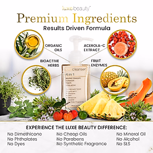 Luxe Cleanser All-in-One Hypoallergenic Face Cleanser + Natural Makeup Remover Face Wash + Exfoliator for All Skin Types – No Parabens, No Silicones – W/ Organic Botanicals: Thyme, Pineapple & Papaya