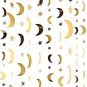 Glitter Star Moon Garland Banner Decoration, 130 Feet Gold Bright Star Moon Paper Garland Hanging Bunting Banner Backdrop for Graduation Class Congrats Grad Party Decoration