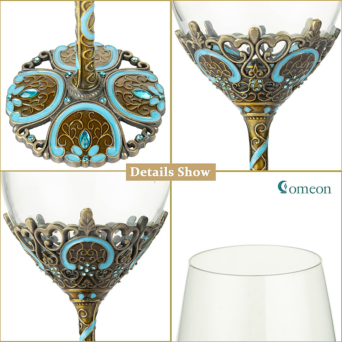 Wine Glasses Clear Handcrafted Champagne Glasses Red Wine Glasses Set of 2 Enamel Floral Goblets (Blue)