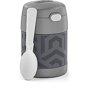 THERMOS FUNTAINER 10 Ounce Stainless Steel Vacuum Insulated Kids Food Jar with Folding Spoon, Grey And Aqua Waves