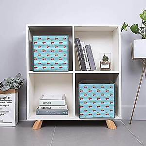 Cherries Pattern with Blue Stripes Storage Bins Cubes Foldable Fabric Organizers with Handles Clothes Bag Book Box Toys Basket for Shelves Closet 10.6"