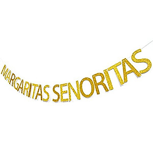 Margaritas Senoritas Gold Glitter Banner, Prestrung Mexican Fiesta Party Supplies