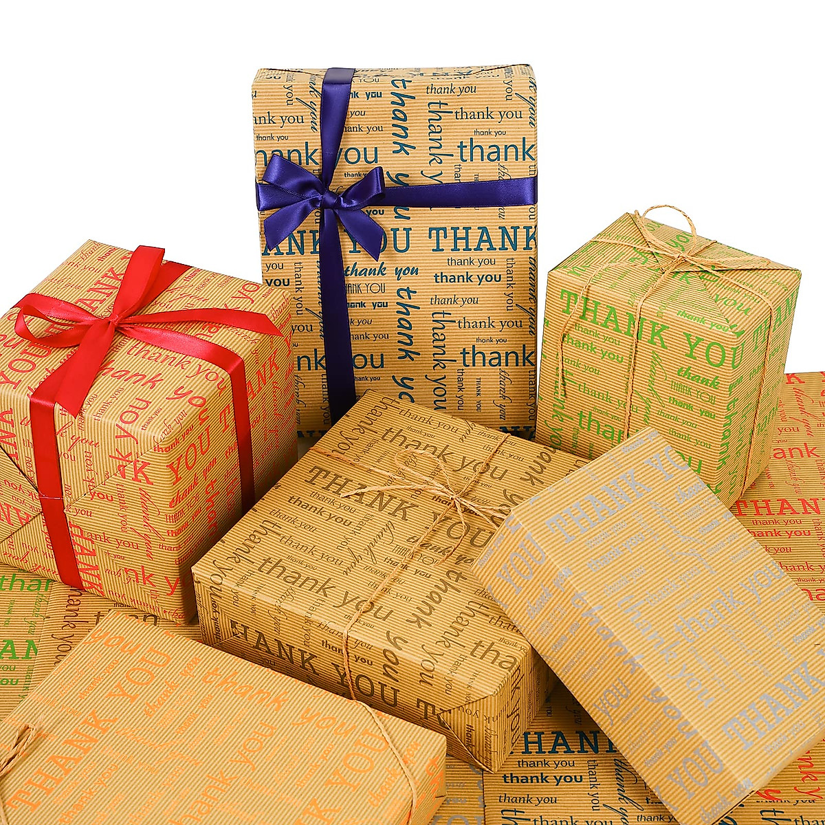 Packanewly Wrapping Paper - 6 Folded Kraft Sheets with DIY Sticker, Ribbon, Tape - Word Thank You Design Gift Wrap Sheet - 19.6 x 27.5 inches per Sheet