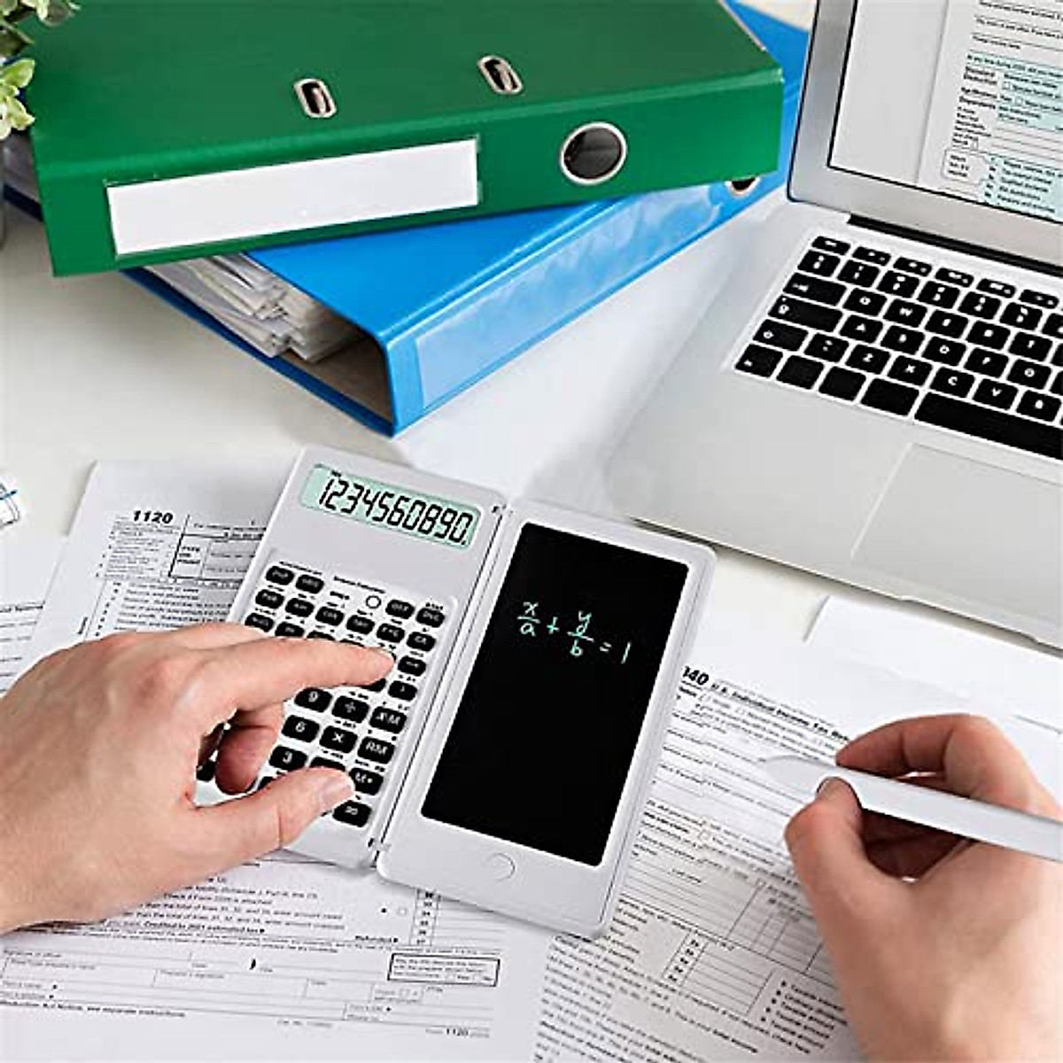 Scientific Calculator, Collapsible Engineering Calculator with Erasable Writing Tablet,10-Digit LCD Display Pocket Calculator for School Office Meeting Rooms Construction Financial(White)