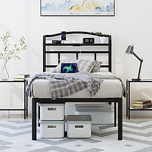 YORMDMO Twin Bed Frame - Storage Headboard with Charging Station, Easy Assembly, Heavy Duty Metal Bed Frame, No Box Spring Needed, 18 Inch, Black