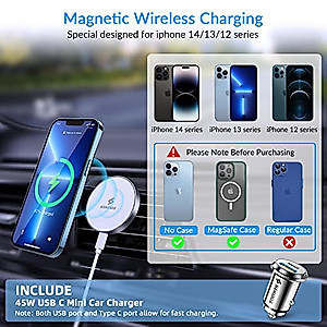 Magnetic Wireless Car Mount Charger for iPhone 14/13/12 Series, SINDOX Alloy Car Vent Mount Charger, with 45W USB C Car Charger, Compatible with MagSafe Charger Holder Fast Charging