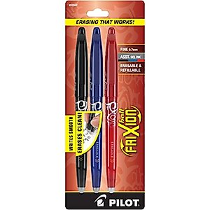 PILOT FriXion Ball Erasable & Refillable Gel Ink Stick Pens, Fine Point, Black/Blue/Red Inks, 3-Pack (31557)