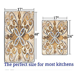 Jesmacti Kitchen Rugs and Mats Rug for Kitchen Sink Area Vintage Italian Tile Pattern Brown Kitchen Rug (17X48+17X24 Inches) Boho Kitchen Rug