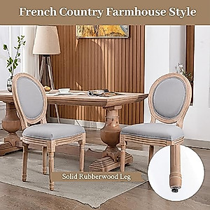 civama Dining Chairs Set of 4 French Vintage, Mid Century Upholstered Farmhouse Fabric Chair with Round Backrest and Solid Rubberwood Leg for Dining Room Bedroom Kitchen Restaurant, Light Grey