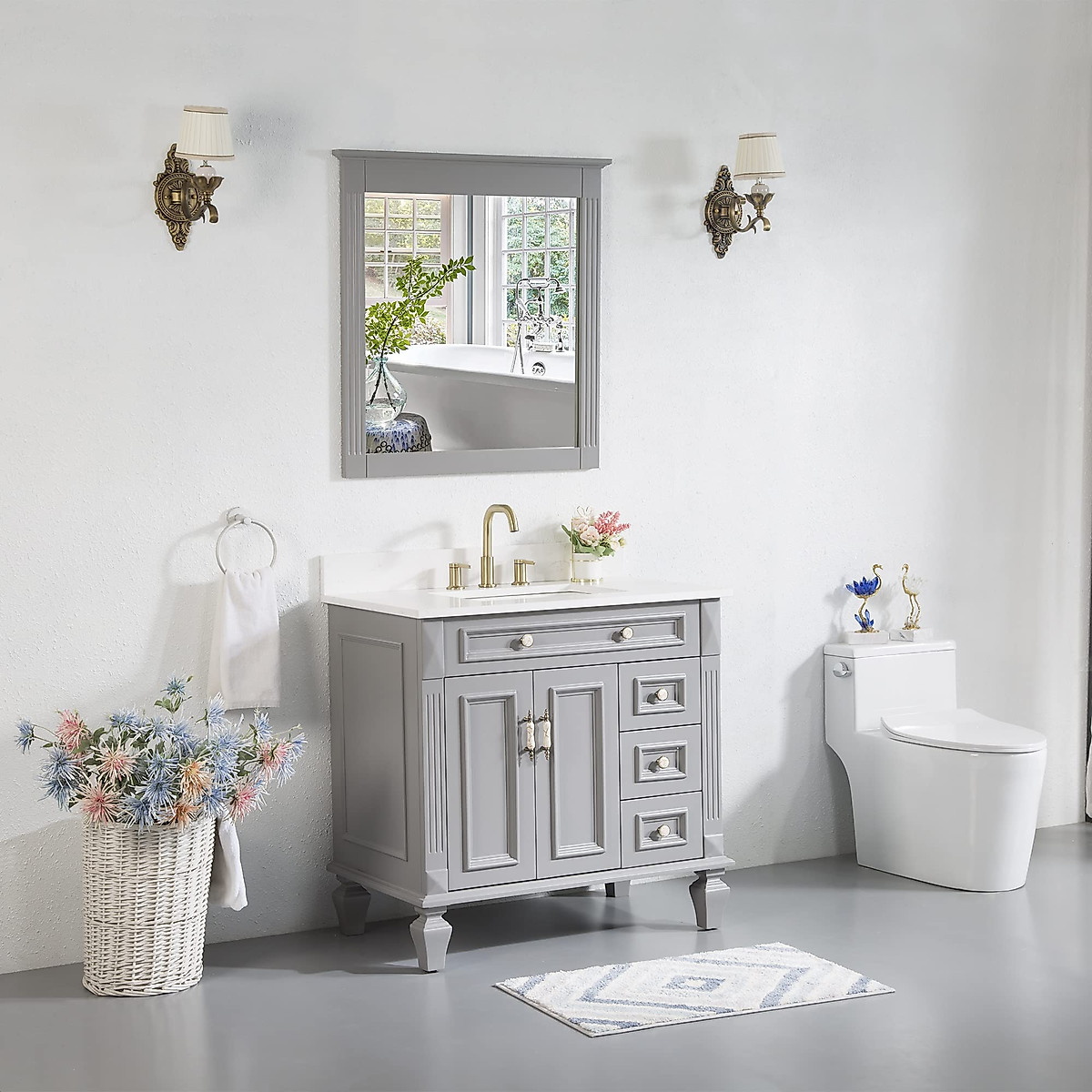 WELLFOR 36" Bathroom Vanity with Sink and 32" Mirror Set, Large Wood Vanity Combo with Doors and Drawers, Freestanding Bath Vanity Cabinet in Titanium Grey with Quartz Countertop and Certified Sink