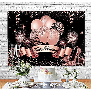 InMemory Rose Gold Birthday Backdrop for Women Girls Happy Birthday Photography Background Glitter Balloons Champagne Heels Black Gold Sequin Dots Decorations Sweet Bday Party Photo Booth Banner 7x5ft