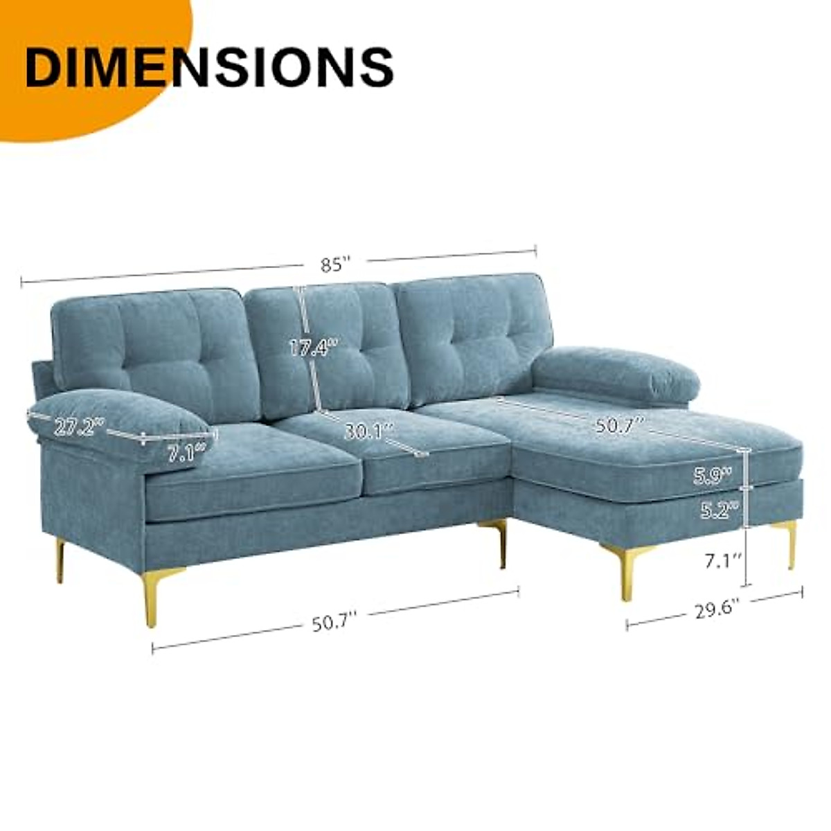 COCOLHOME L- Shaped Sectional Sofa 85" Convertible Modern Upholstered Couch Chenille Fabric with Reversible Chaise Detachable Washable Cover for Living Room, Apartment, Small Space (Light Blue)