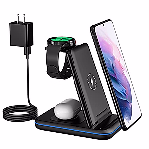 Wireless Charging Station for Samsung, Earteana 3 in 1 Qi Certified Charger/Stand for Samsung Galaxy S23/S22/S21/S20/Note20/10, Galaxy Watch4/Classic/3/1/Active 2/1, Buds+/Live with Adapter (Black)