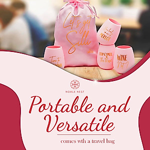 Noble Nest Pink Silicone Wine Glasses | Set of 4 Wine Cups with Wine-Theme Phrases | Unbreakable Wine Glasses - Reusable Stemless Wine Glass | Silicone Cups | Plastic Wine Glasses - Drinking Glasses