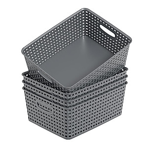 Kekow 4-Pack Gray Plastic Storage Basket, Pantry Woven Plastic Storage Basket