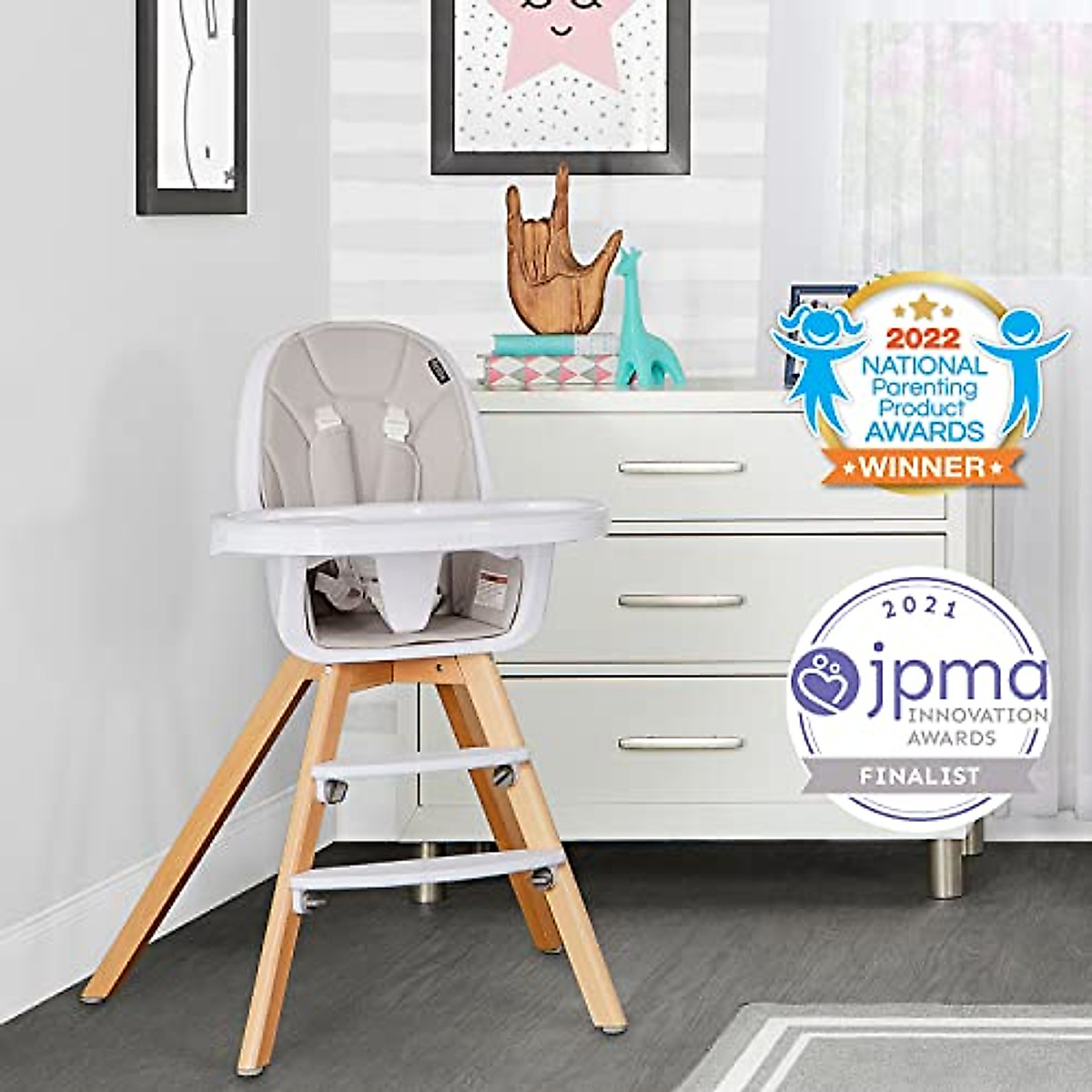 Evolur Zoodle 2 in 1 Baby High Chair in Light Grey, Easy to Clean, Adjustable and Removable Tray, Compact and Portable Convertible High Chair for Babies and Toddlers