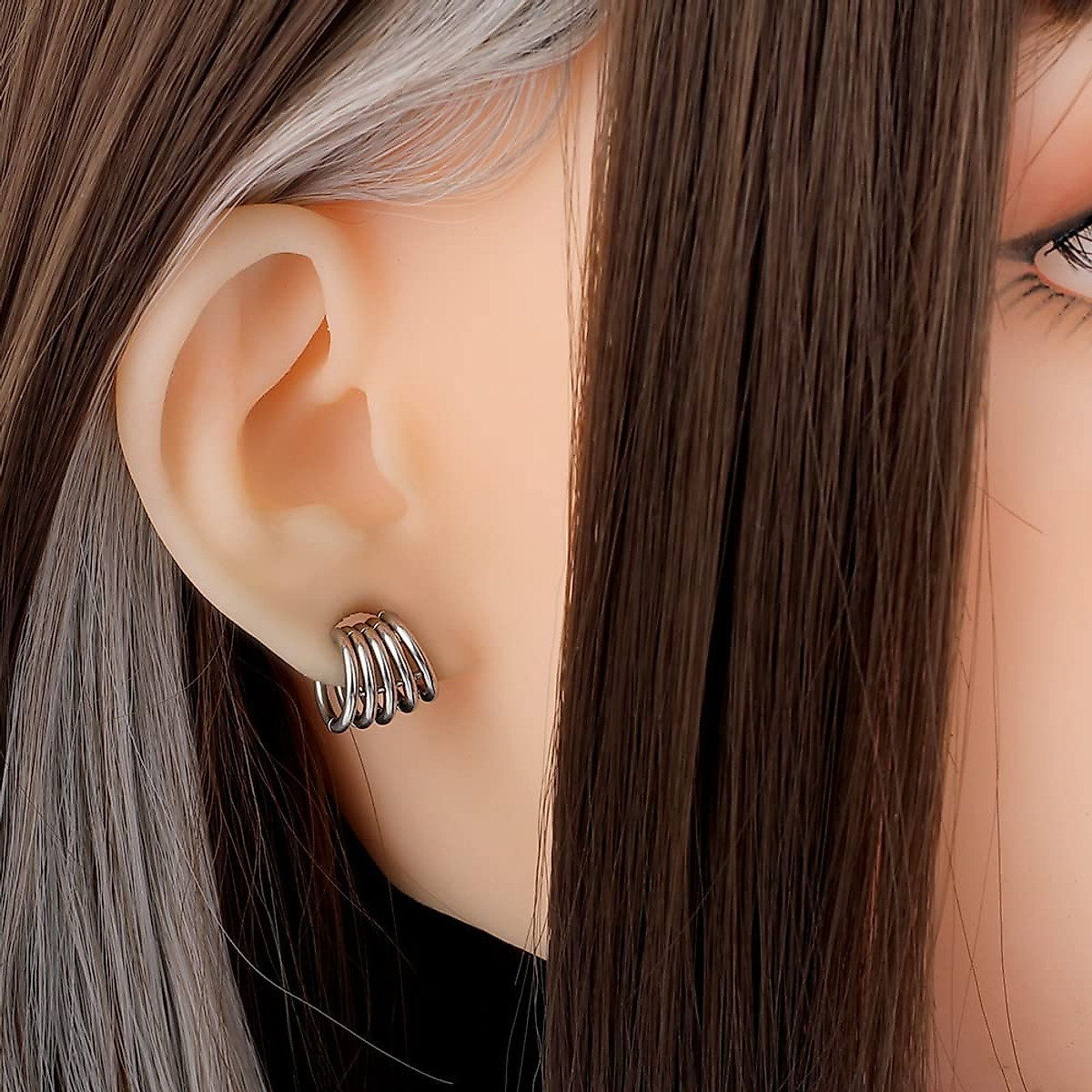 LADEMAYH 2 PCS Stack Rings Design Ear Cuff Plugs Tunnels Gauges, 5 in 1 Spring Rings Lightweight Stainless Steel Ear Hangers Body Piercing Jewelry Silver