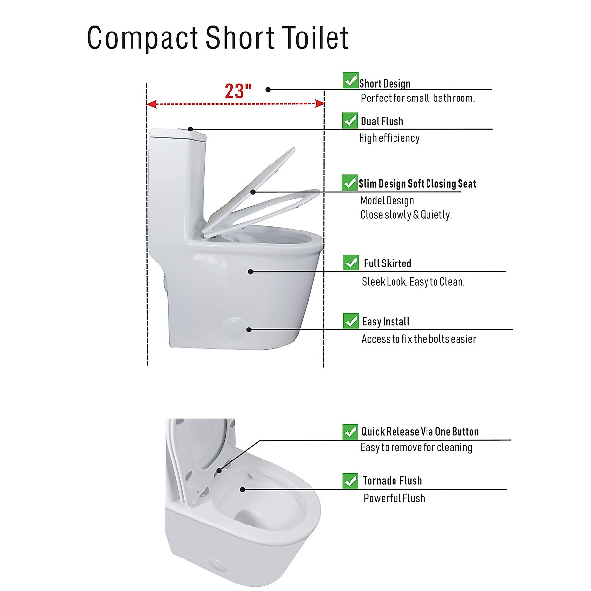 WinZo WZ5069 Small Modern One Piece Toilet Dual Flush 12" Rough in 23-in Depth Short for Compact Tiny Bathroom Powder Room White