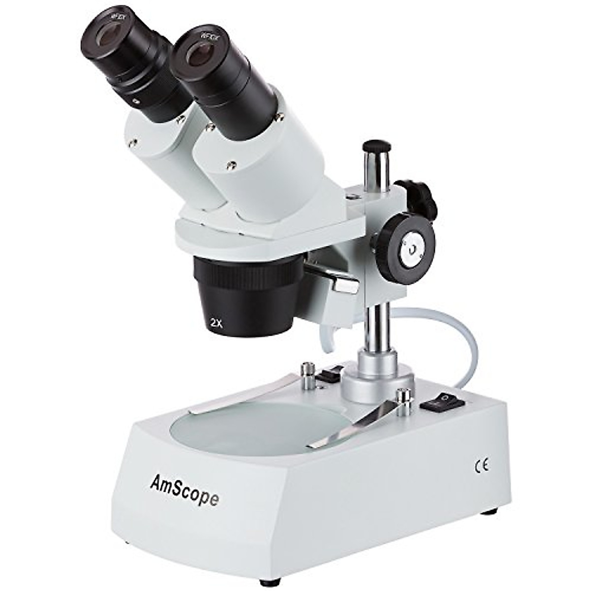 AmScope SE306R-P Forward-Mounted Binocular Stereo Microscope, WF10x Eyepieces, 20X and 40X Magnification, 2X and 4X Objectives, Upper and Lower Halogen Lighting, Reversible Black/White Stage Plate, Pillar Stand, 120V