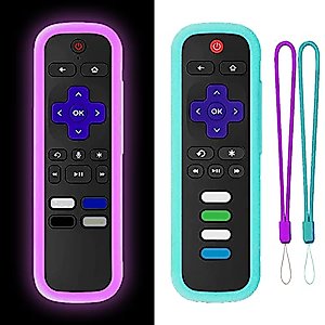 2Pack Remote Case for Roku Express 4K+ 2021 - Taiyiluo Silicone Universal Protective Controller Sleeve Compatible with TCL Roku | Hisense Roku | Streaming Stick+ with Lanyards(Glow Purple & Sky Blue)