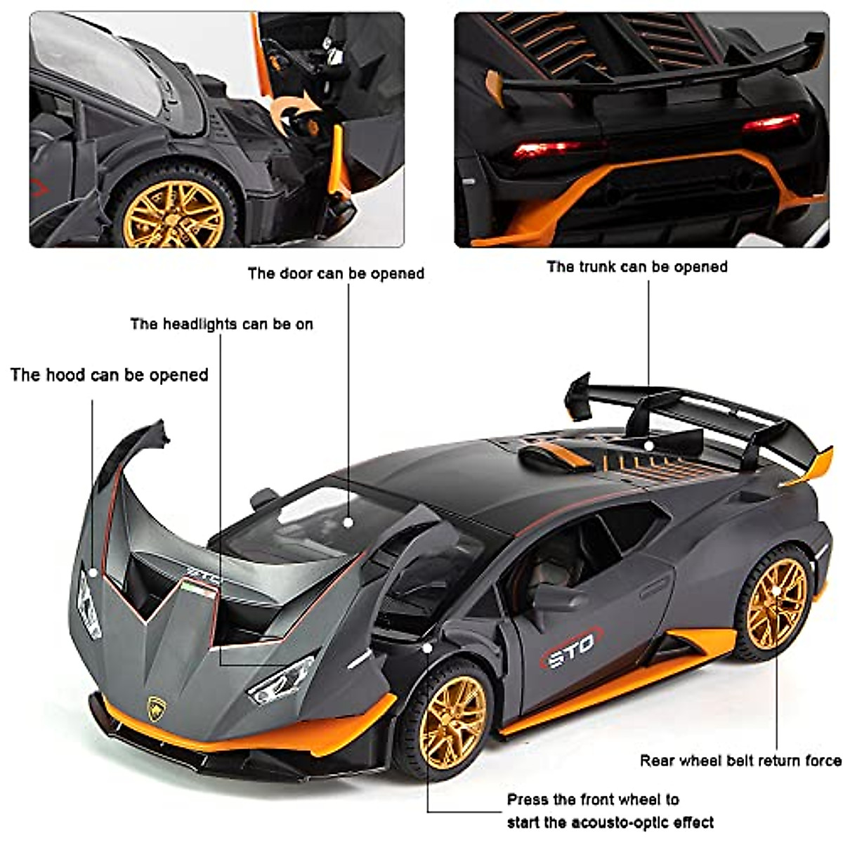 1:24 Alloy Diecast Car Model for Lamborghini Huracan STO 2021 Toy Car, Pull Back Vehicles Model Cars Toy for Kids 3 to 12 Years Old Gift Adult Collection Car Model with Sound & Light (Advanced Grey)